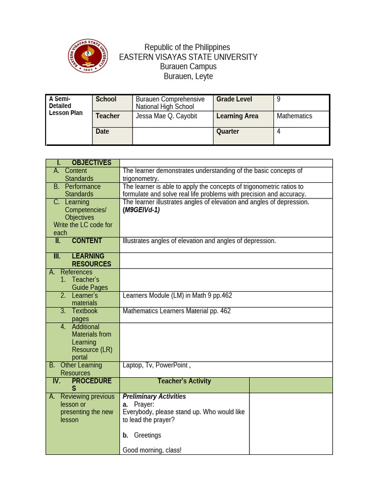 Trigonometry Lesson Plan for Grade 9 | PDF | Trigonometric Functions ...