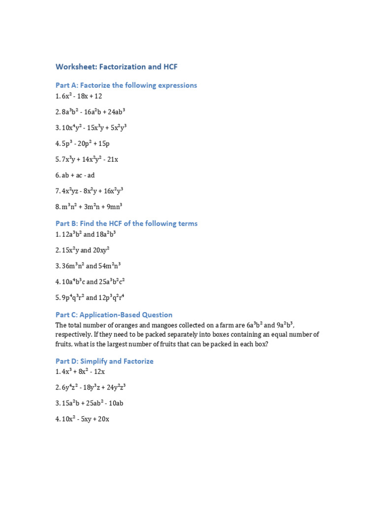 Factorization and HCF Worksheet | PDF