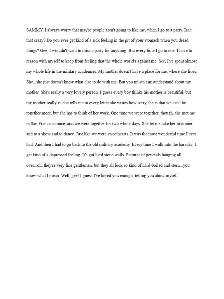 The Dark at The Top of The Stairs - Sammy Monologue | PDF