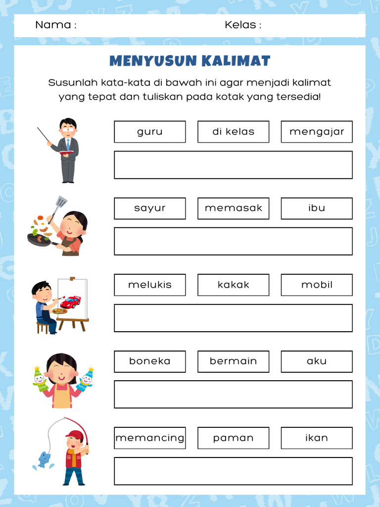 Menyusun Kalimat Lembar Kerja Biru Ilustratif | PDF