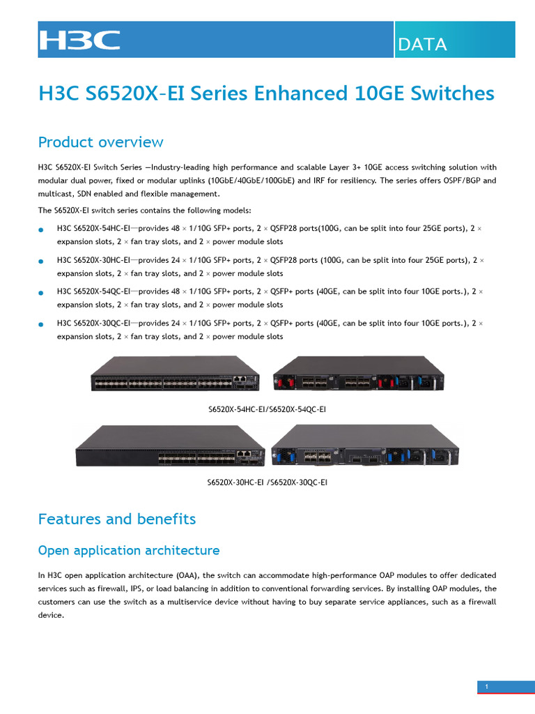 H3C S6520X EI Series Enhanced 10GE Switches Datasheet | PDF | Computer Network | Network Switch