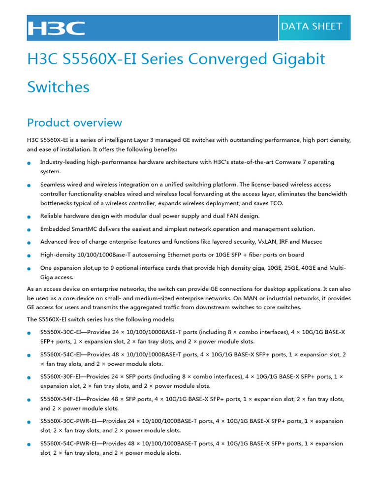 H3C S5560X-EI Series Converged Gigabit Switches Datasheet | PDF ...