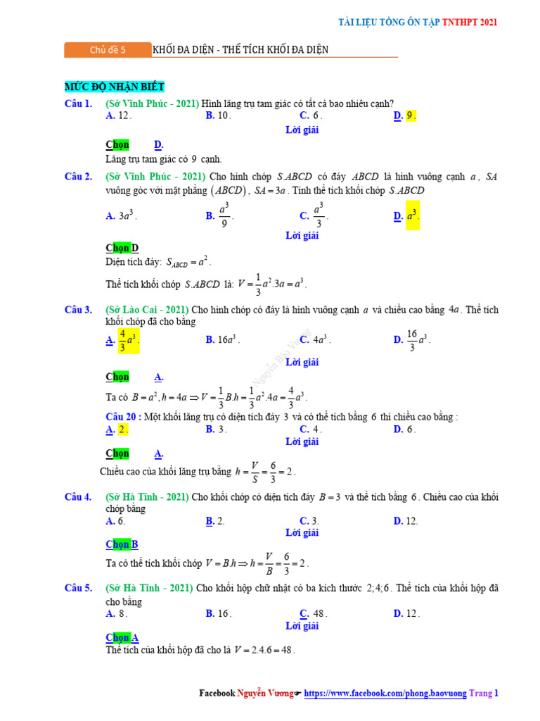 (NBV) -Chủ đề 5-Khối đa diện-Mức độ nhận biết-đáp án | PDF