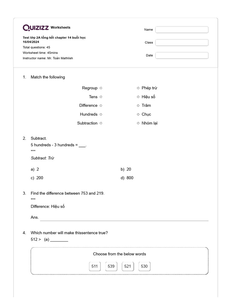 Test Grade 2 - Chapter 14 | PDF
