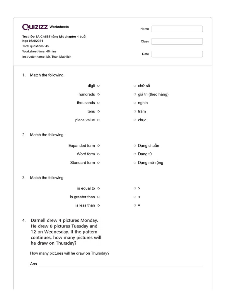 Test Grade 3 - Chapter 1 | PDF