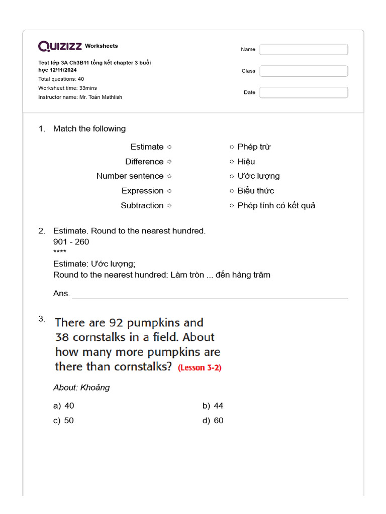 Test Grade 3 - Chapter 3 | PDF