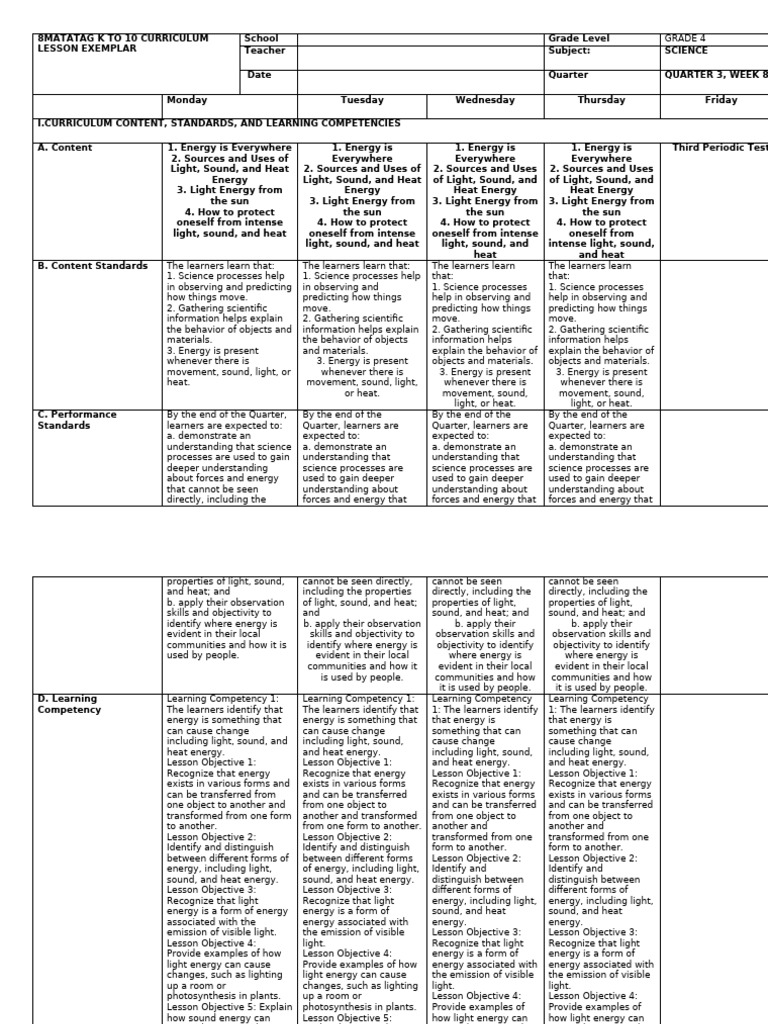 Grade 4-Q3W8 Matatag DLL) - Science 108 | PDF | Fuels | Learning