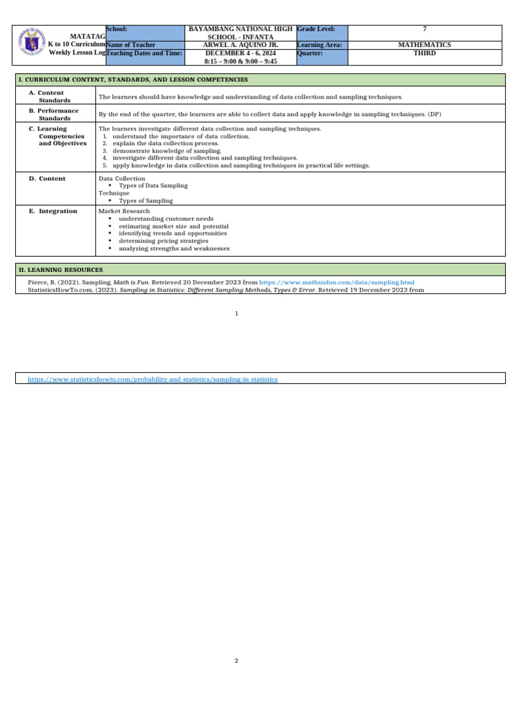Q3 - LE - Mathematics 7 - Lesson 1 - Week 1 | PDF | Sampling ...
