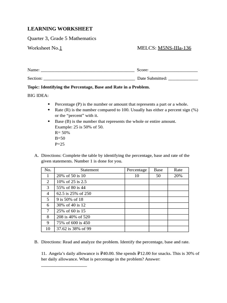 LEARNING WORKSHEET Math 5 q3w1 | PDF | Percentage | Worksheet