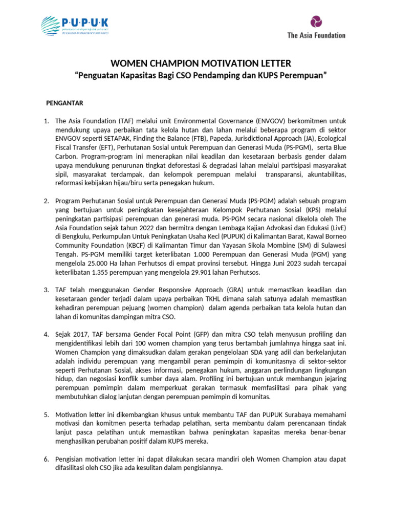 Motivation Letter - Penguatan Kapasitas Bagi CSO Pendamping dan KUPS Perempuan | PDF