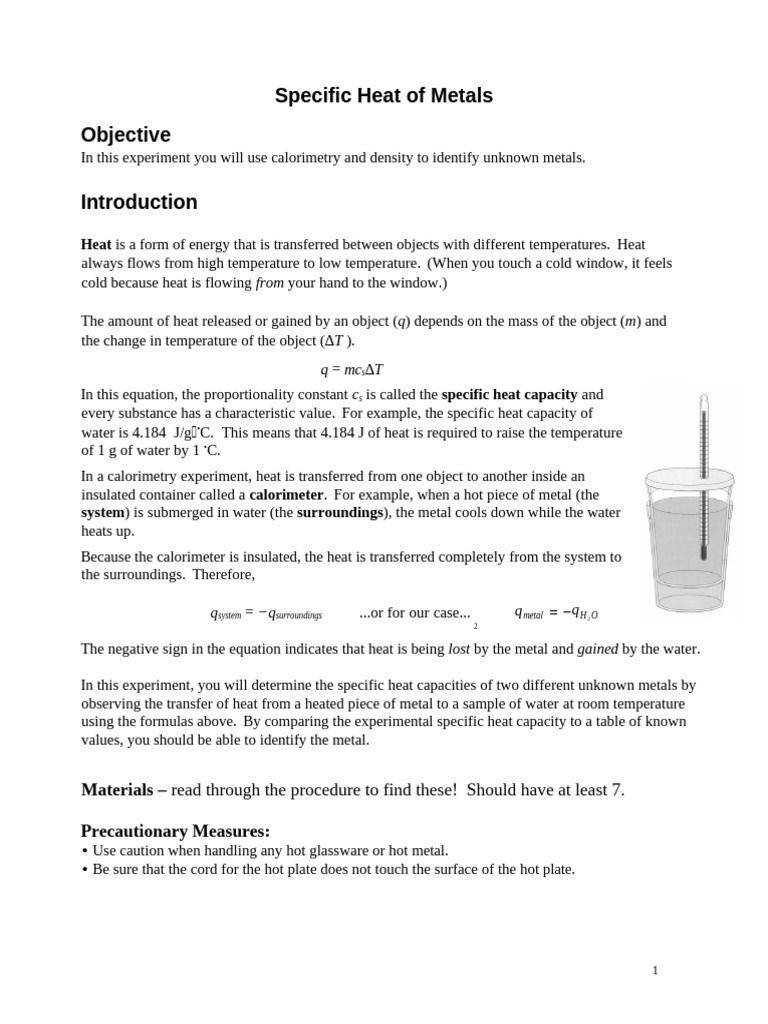 Specific Heat Experiment for Metals | PDF | Heat | Calorimetry