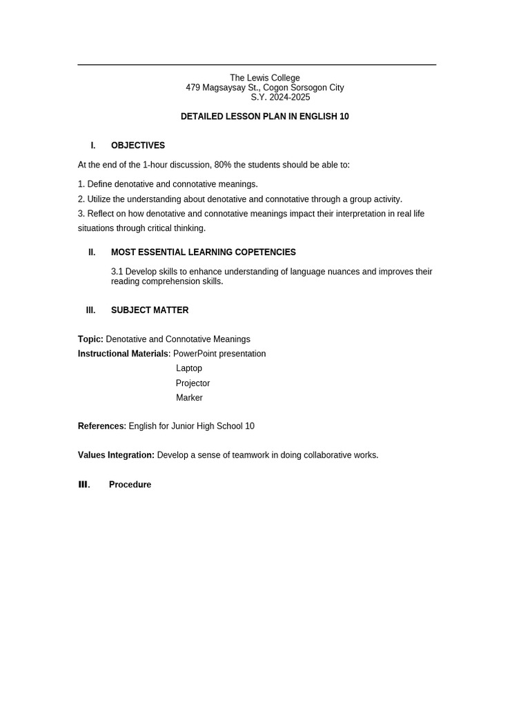 Denotative & Connotative Lesson Plan | PDF | Teachers | Lesson Plan