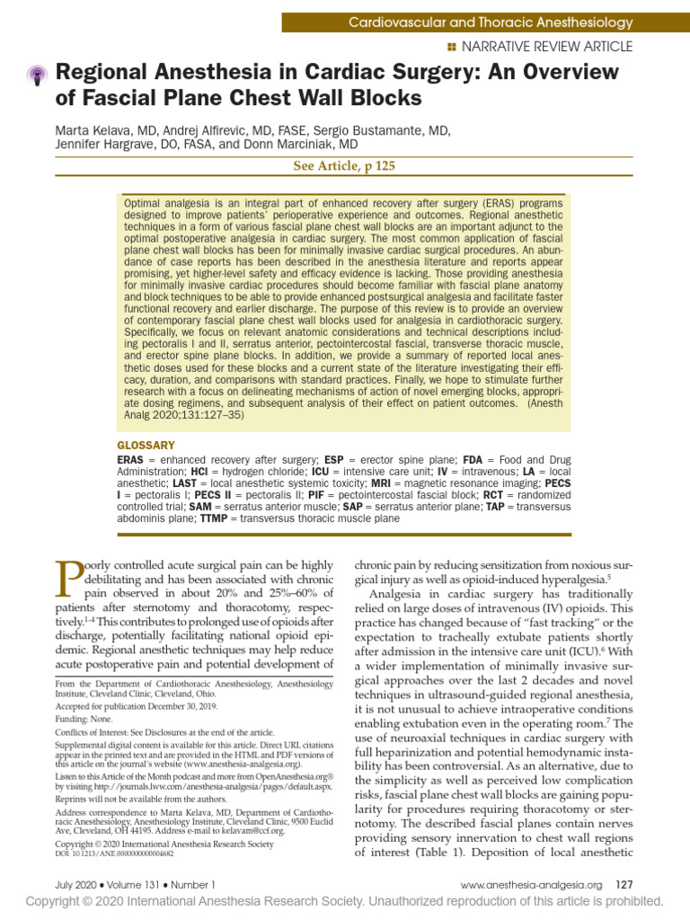 2020 July Anesth Analg Chest Wall Blocks | PDF | Anesthesia | Thorax