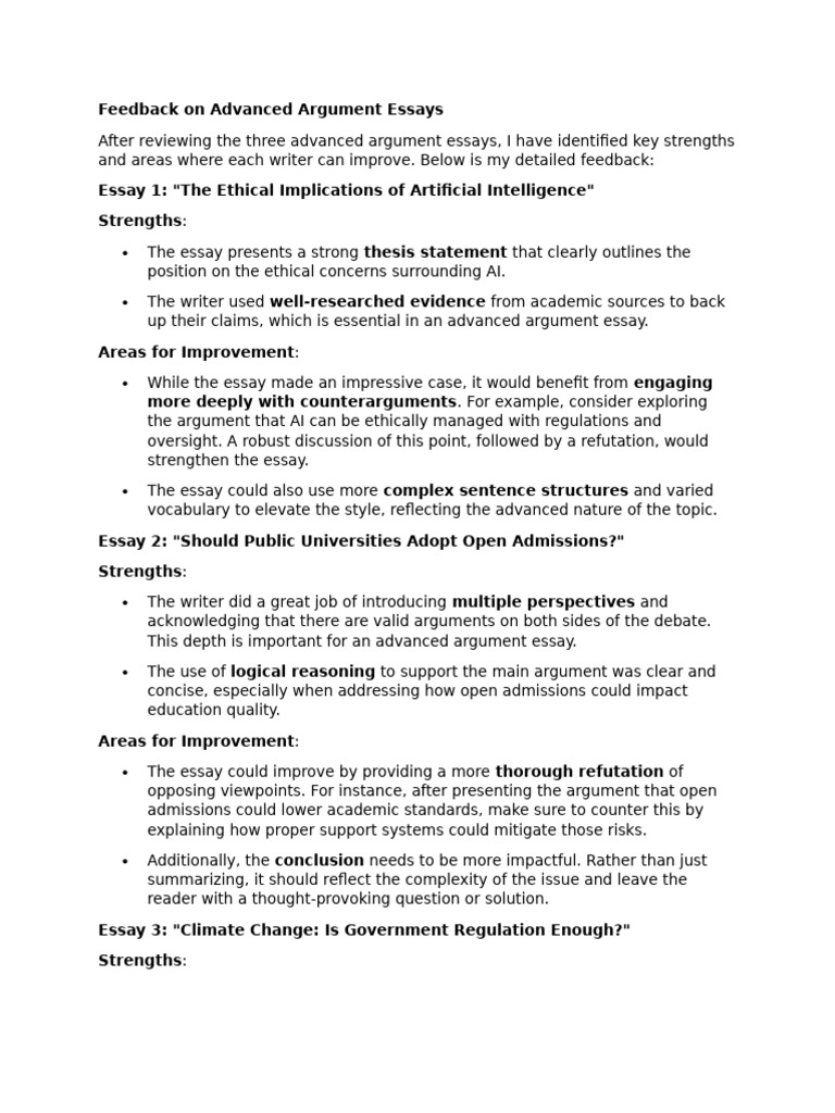 Feedback On Advanced Argument Essays | PDF | Essays | Argument