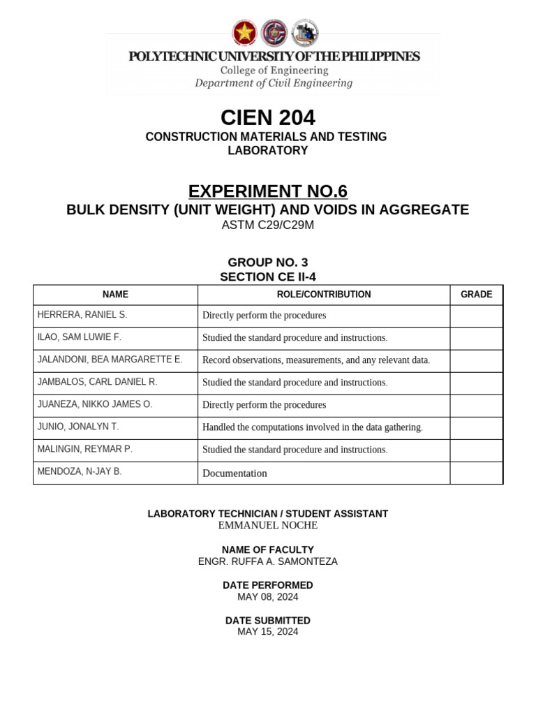 Bsce 2 4 - Group 3 - Expt 6 | PDF | Density | Concrete