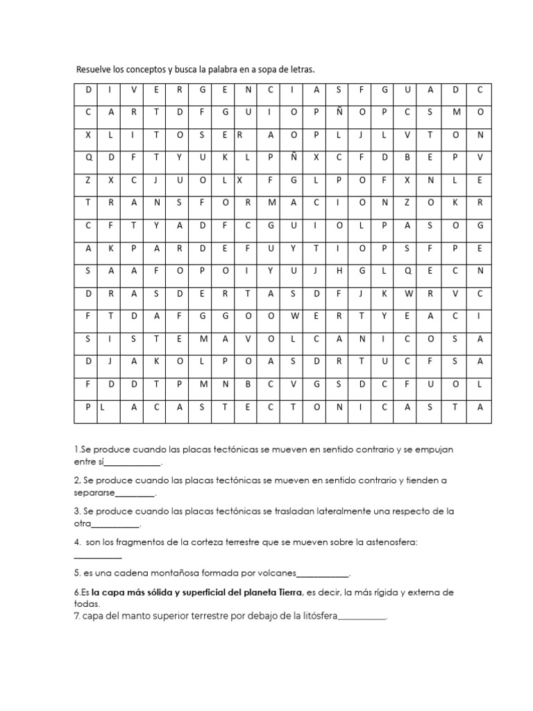 Sopa de letras: Placas tectónicas | PDF