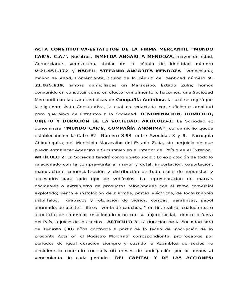 Modelo Acta Constitutiva | PDF | Compartir (Finanzas) | Sociedad de responsabilidad limitada