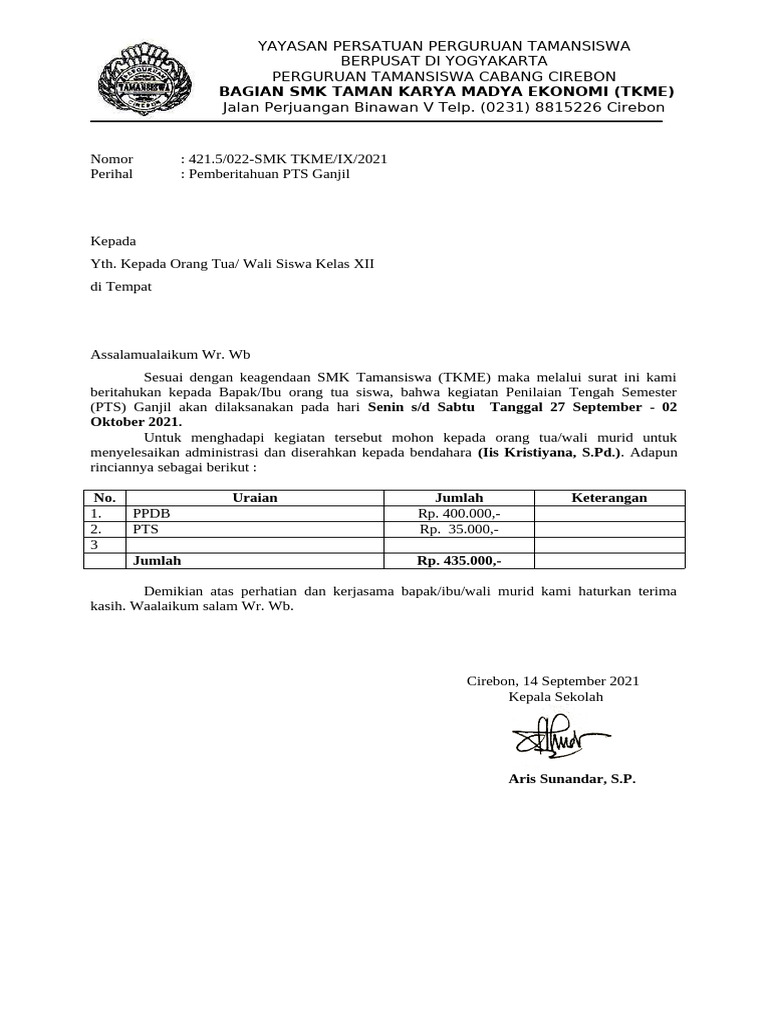 Pemberitahuan PTS Ganjil SMK TKME | PDF