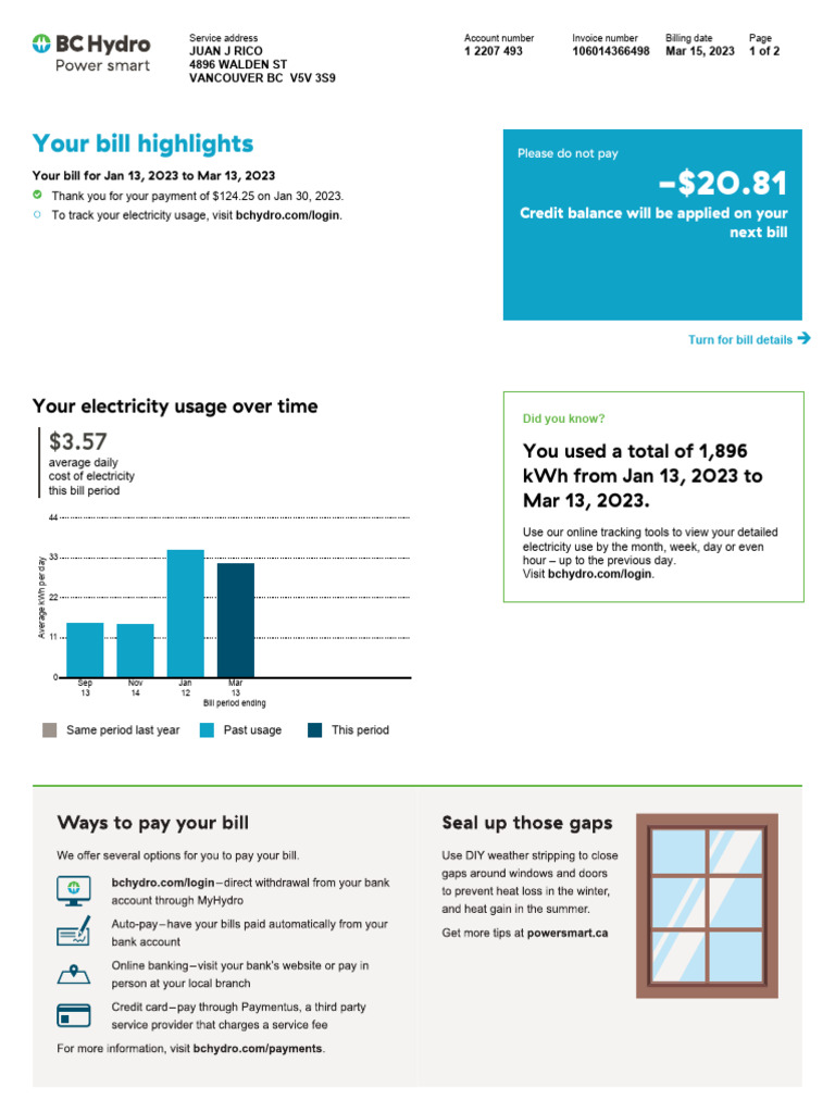 Your Bill Highlights: Your Electricity Usage Over Time You Used A Total ...