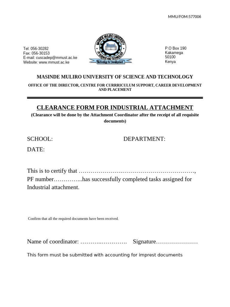 MMUST Industrial Attachment Clearance Form | PDF
