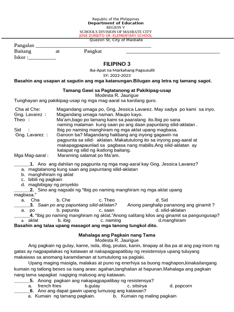 FOURTH-GRADING-FILIPINO-3 | PDF