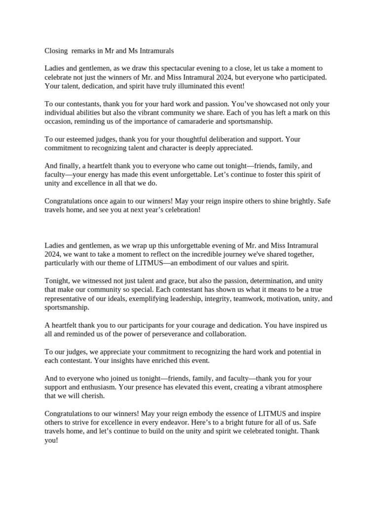 Closing Remarks for Mr. and Ms. Intramurals | PDF | Dances