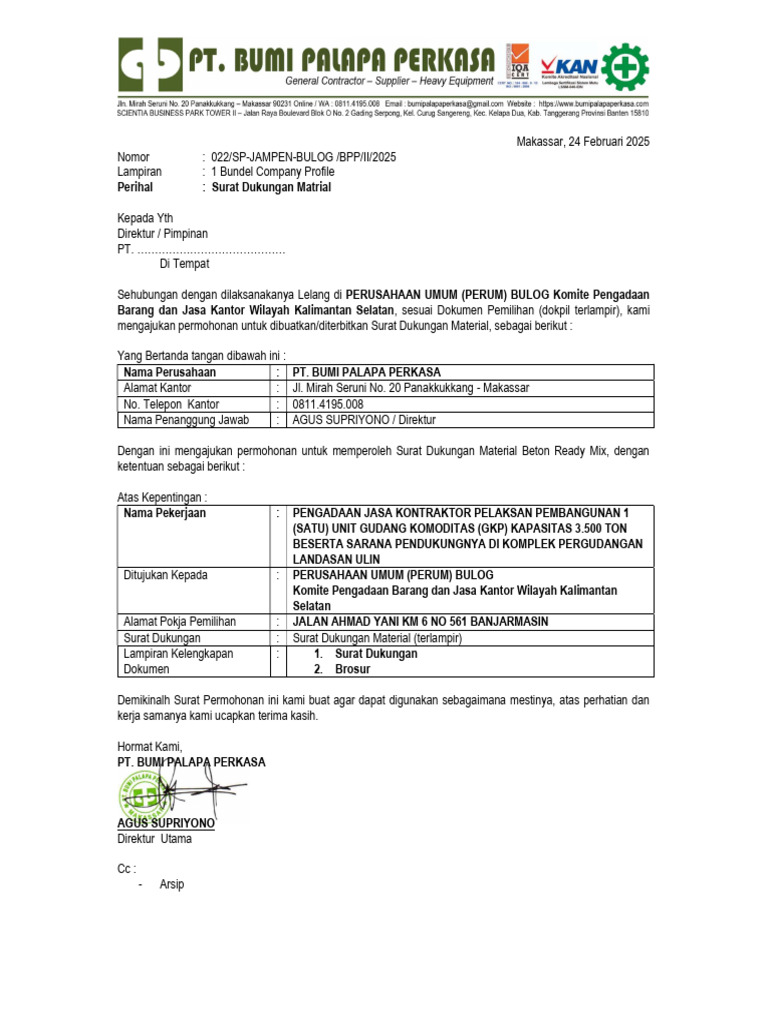 Surat Permohonan Dukungan Material | PDF