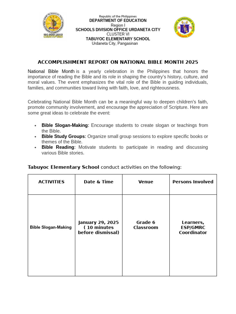 Tabuyoc ES-Bible Month Celebration | PDF | Bible | Learning