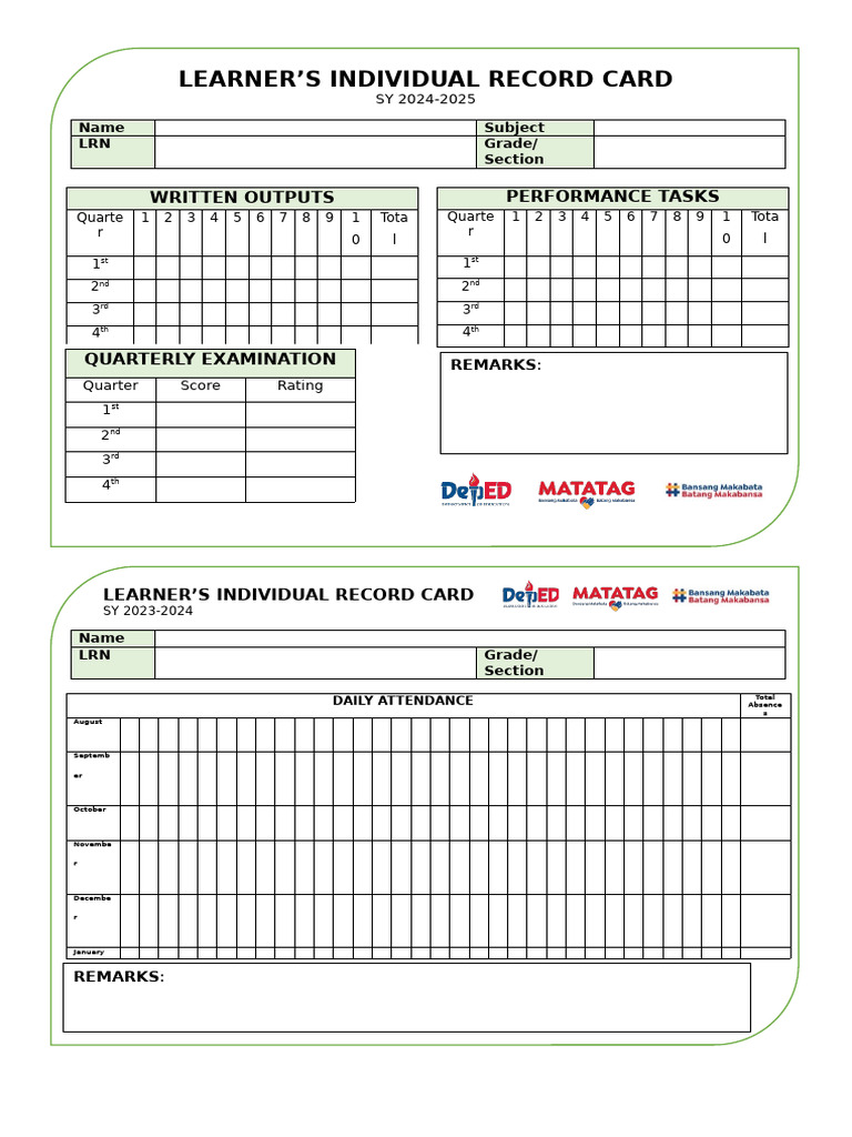 LEARNER'S INDIVIDUAL RECORD CARD | PDF