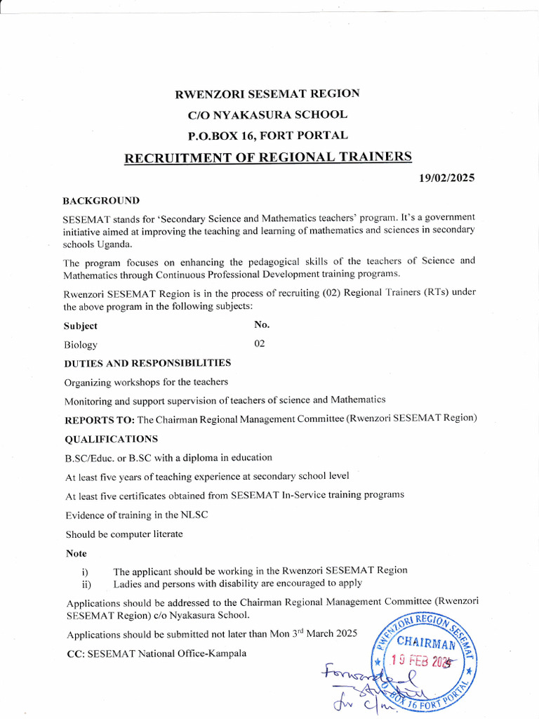 Rwenzori SESEMAT Trainer Recruitment 2025 | PDF