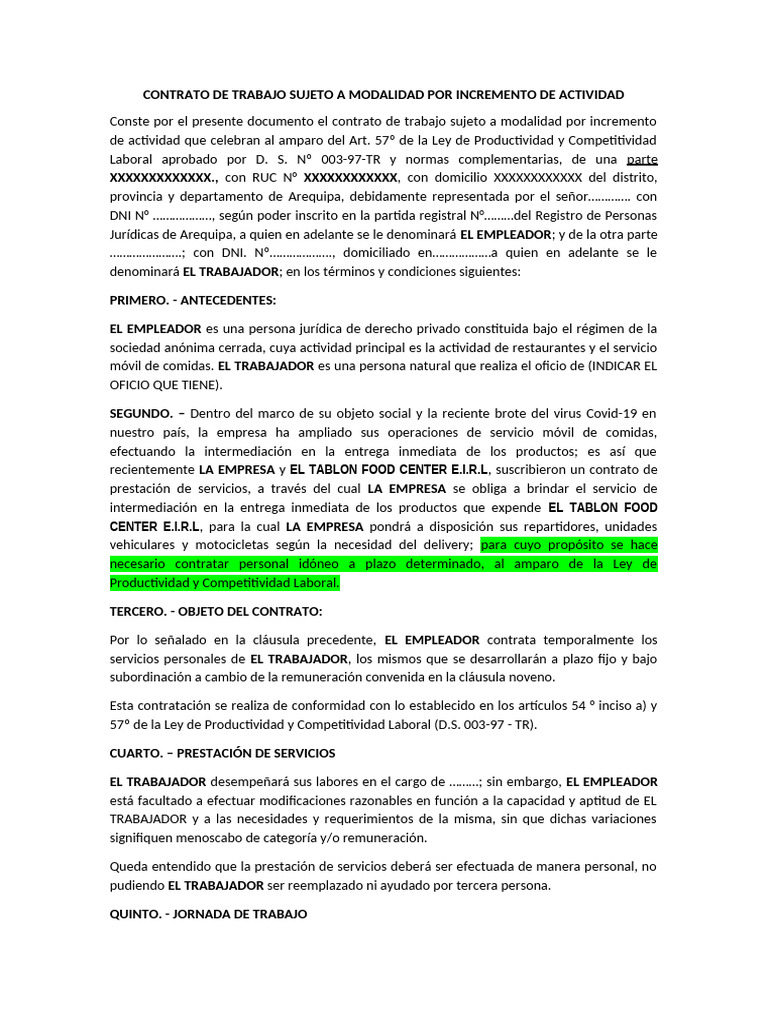 CONTRATO DE TRABAJO SUJETO A MODALIDAD POR INCREMENTO DE ACTIVIDAD | PDF | Derecho laboral ...