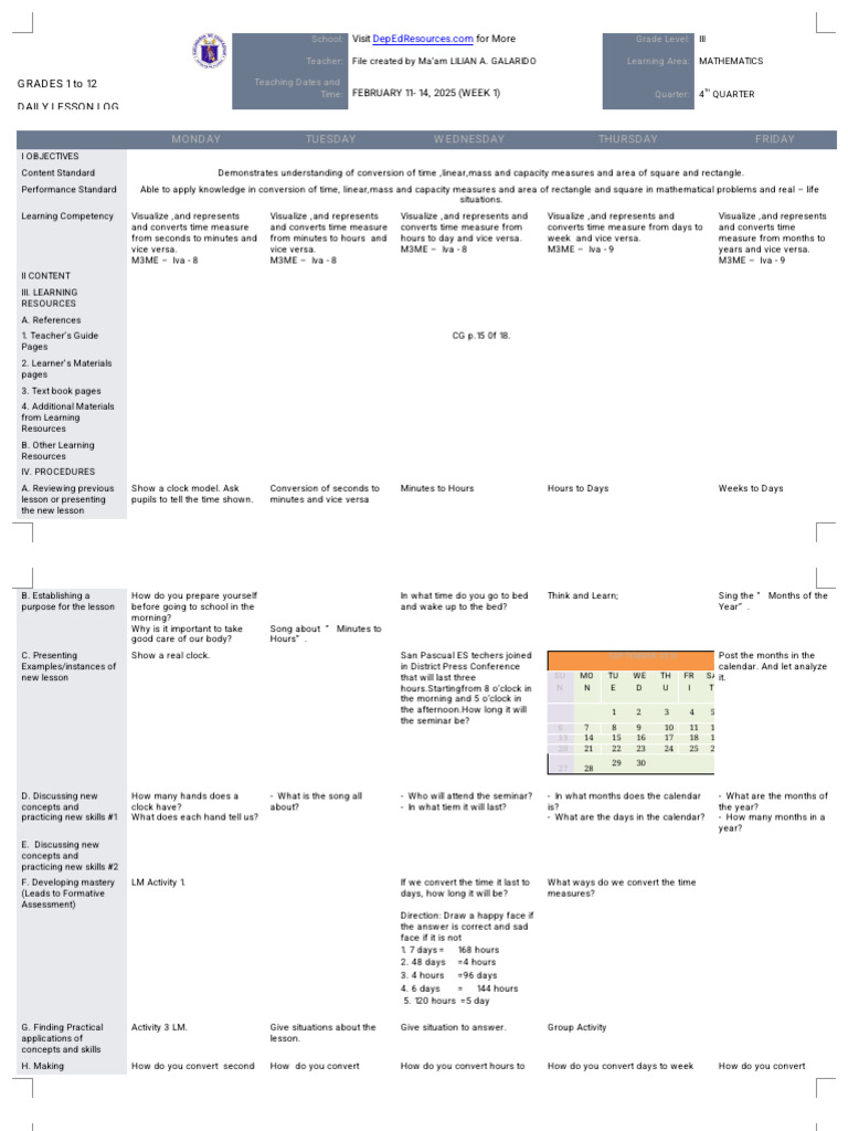 DLL_MATHEMATICS 3_Q4_W1 | PDF | Learning | Behavior Modification