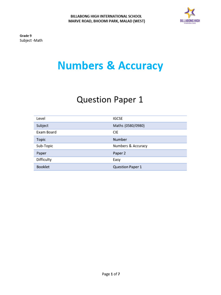 Grade 9 IGCSE Maths Worksheets: Numbers | PDF