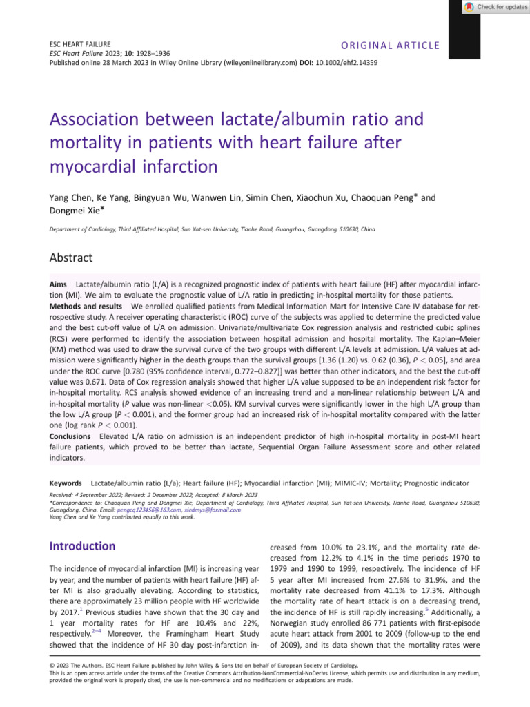 Association Between Lactate Albumin Ratio and Mortality in Patients With Heart Failure | PDF ...