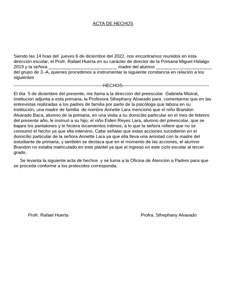 Acta de Hechos en Escuela Primaria | PDF