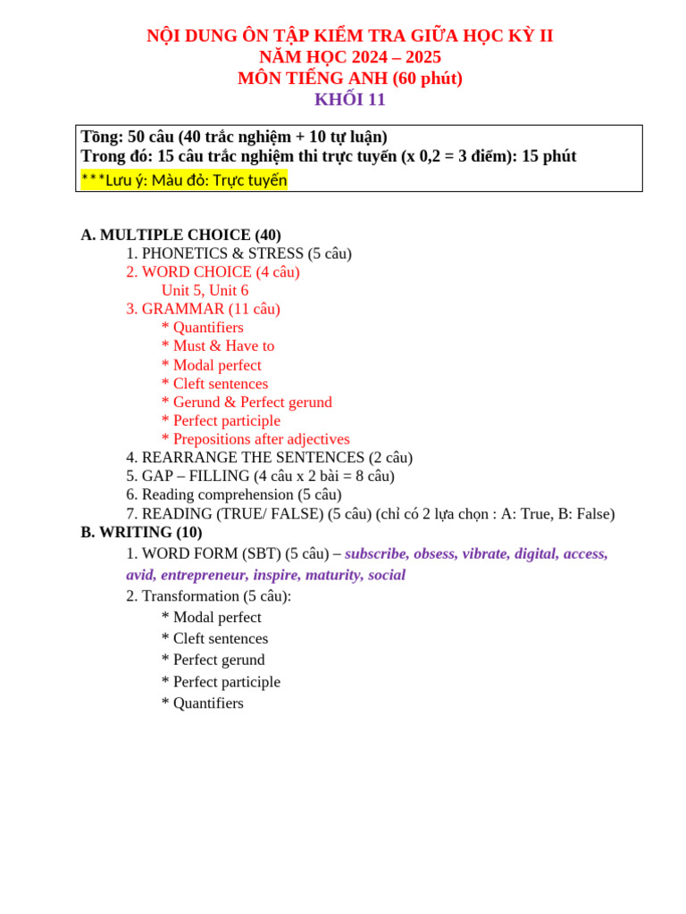 Nd ôn tập giữa HK2 năm 2024-2025 K11 | PDF