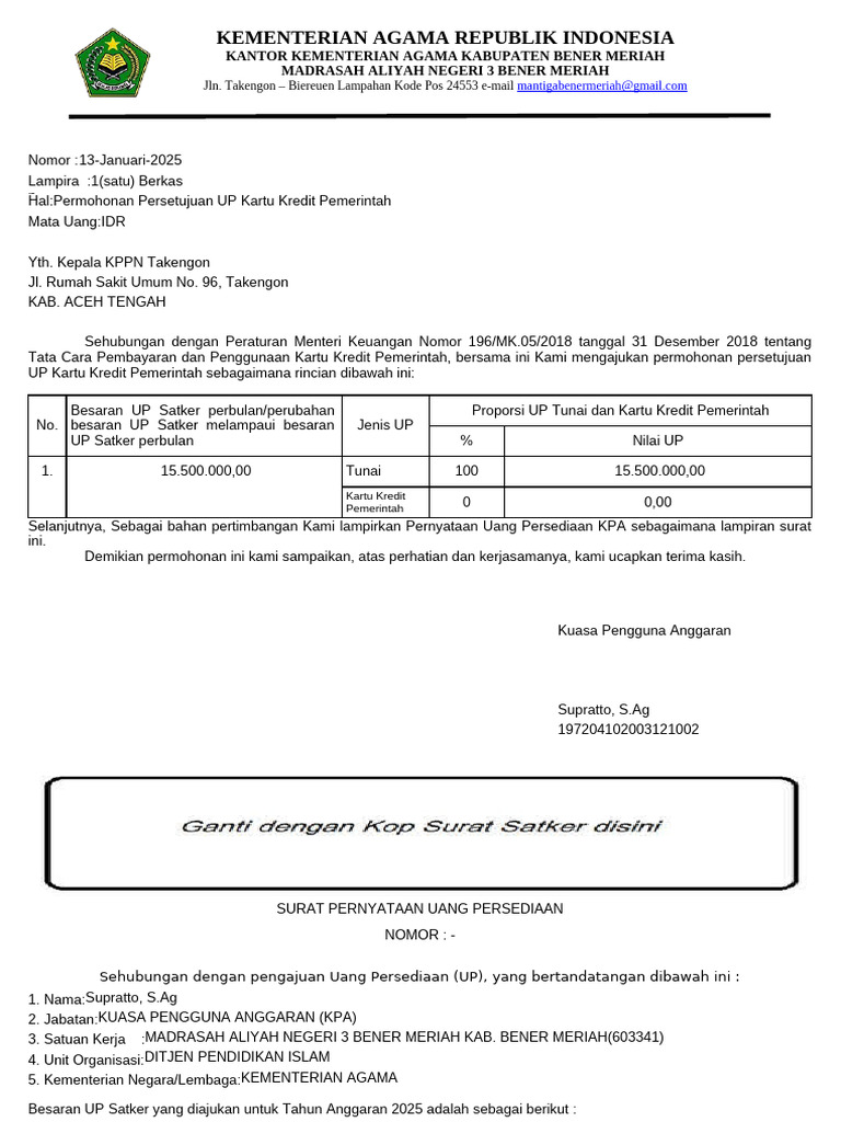 Permohonan Persetujuan Uang Persediaan 00001 - UP - 603341 - 2025 | PDF