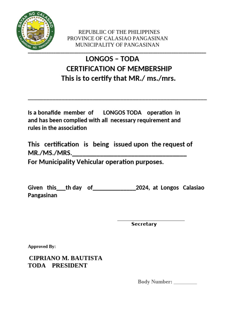 TODA Membership Certification Sample | PDF