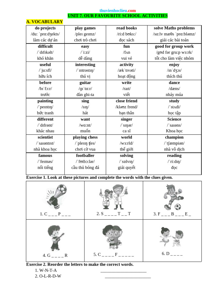 Bai Tap Anh 5 Global Unit 7 OUR FAVOURITE SCHOOL ACTIVITIES | PDF ...