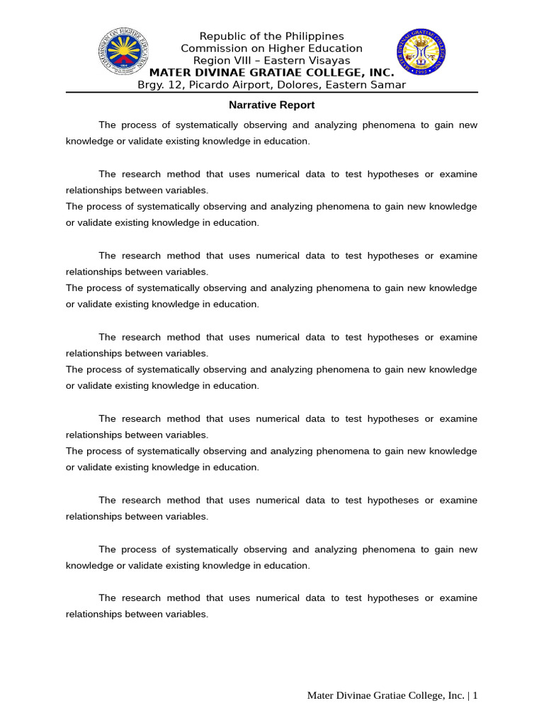 Narrative Report Format for Weekly Narrative Reports for Team Laeders ...