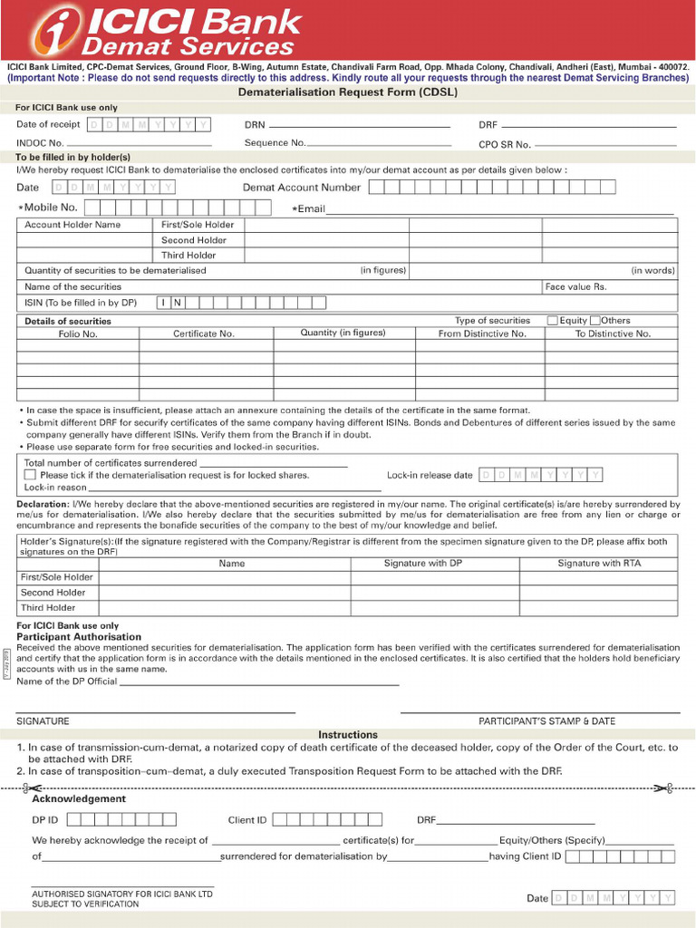 Dematerialisation Form CDSL | PDF