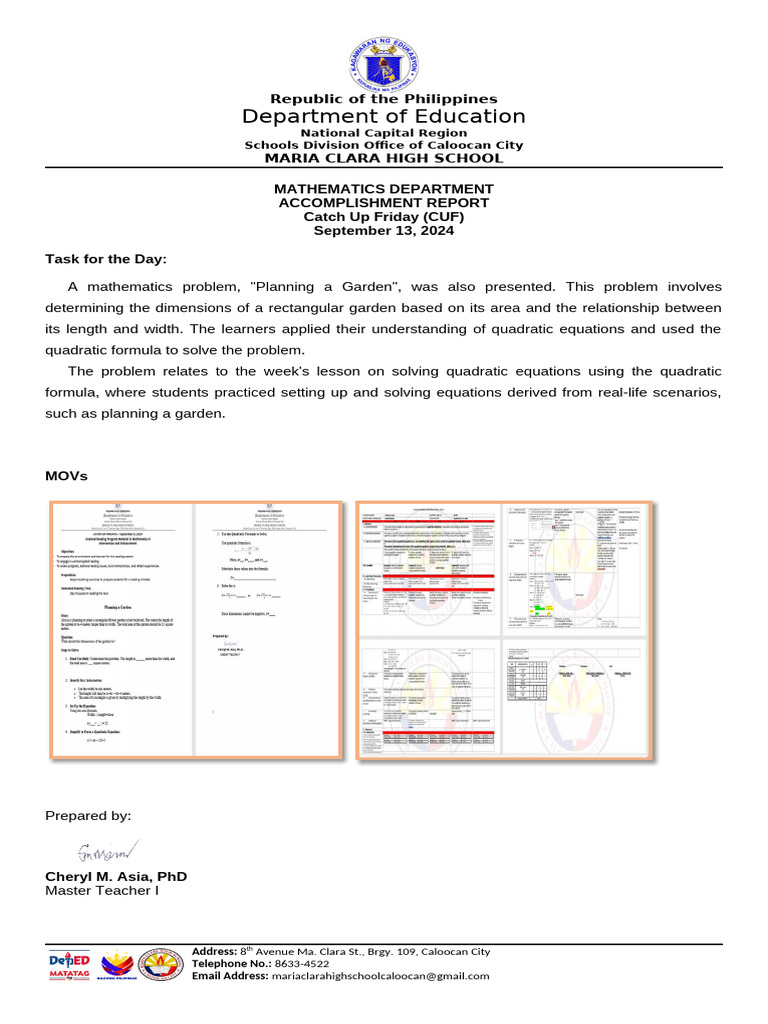 Cuf Accomplishment Report Math Grade 9 September 13 2024 | PDF