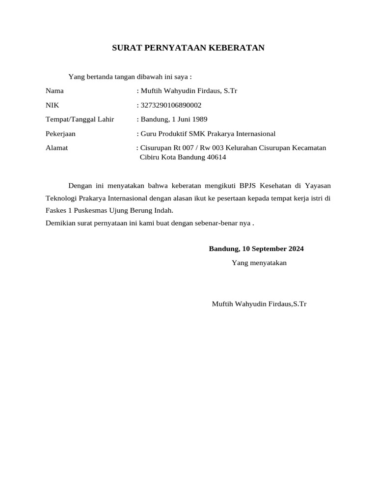 Surat Pernyataan Keberatan | PDF