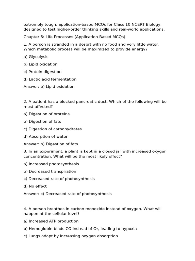 Tough NCERT Biology MCQs for Class 10 | PDF | Digestion | Eutrophication