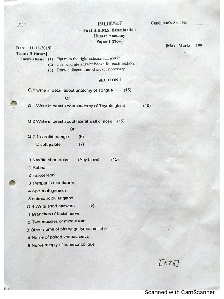 Human Anatomy Paper I | PDF