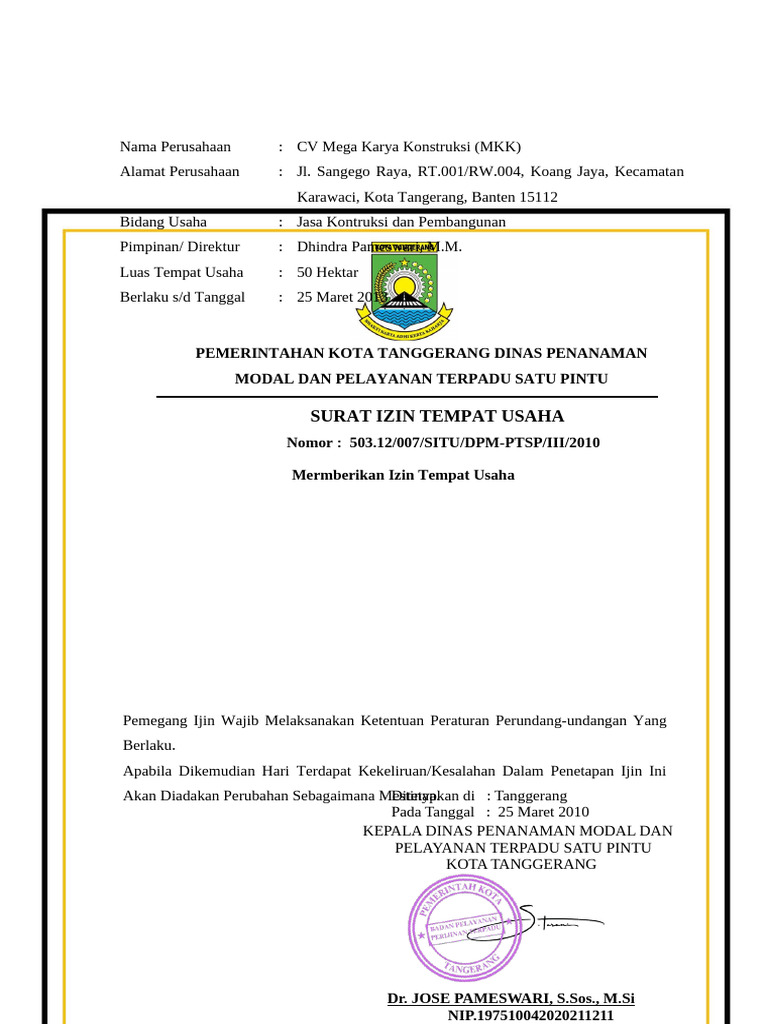 Surat Izin Tempat Usaha (SITU) CV 2010 | PDF