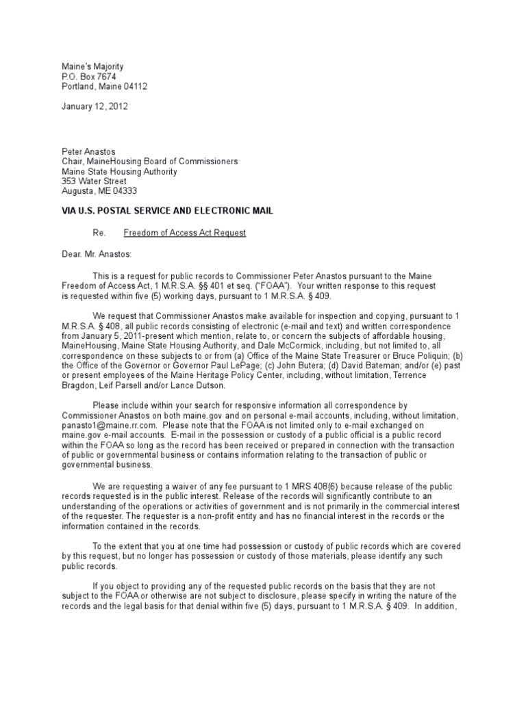 Maine's Majority FOAA Request To Peter Anastos | PDF | Maine | Email