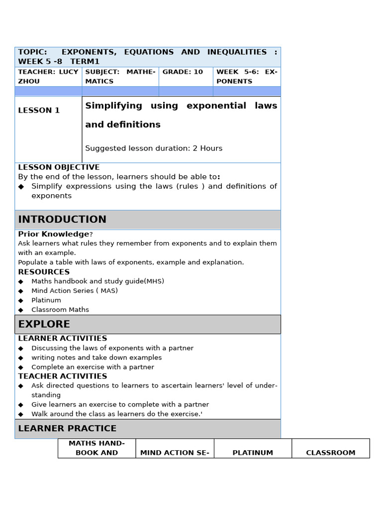 Grade 10 week 5 Lesson plan | PDF | Numbers | Exponentiation