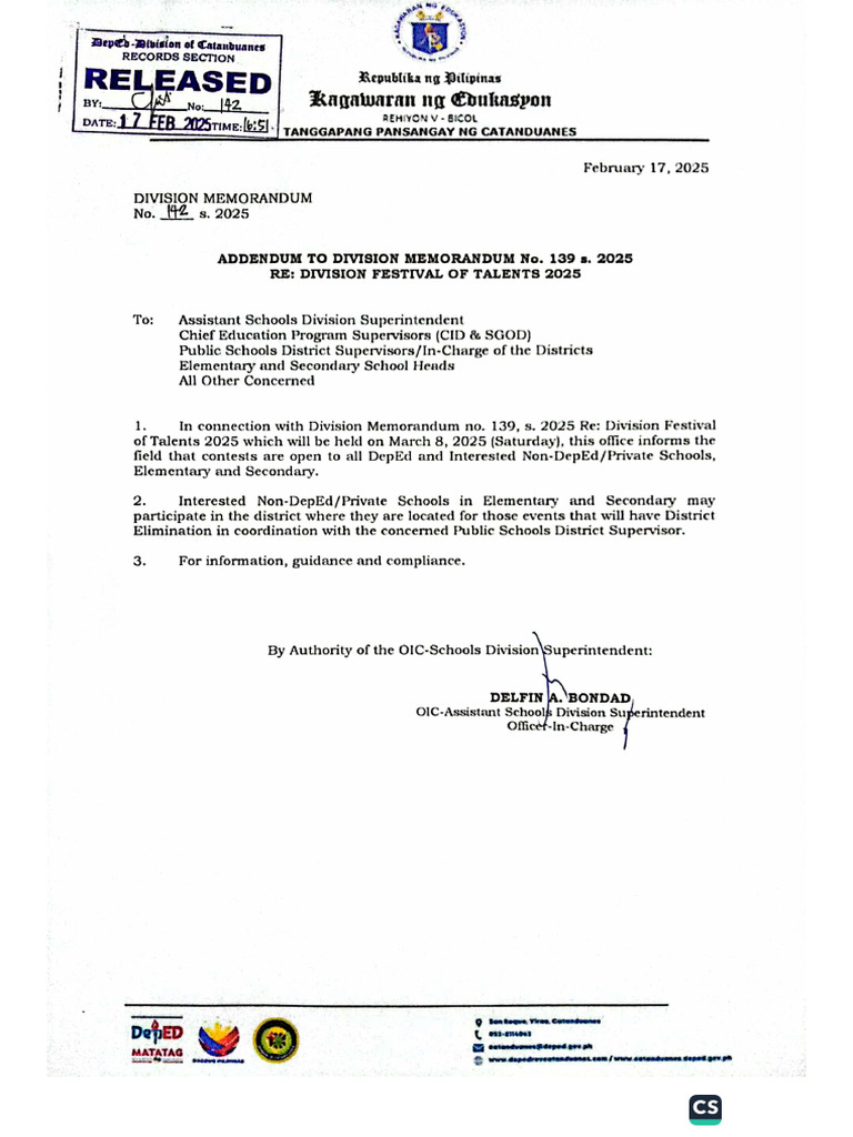 REC-DM-142-s. 2025 Addendum To Division Memo No. 139, s.2025 Re ...