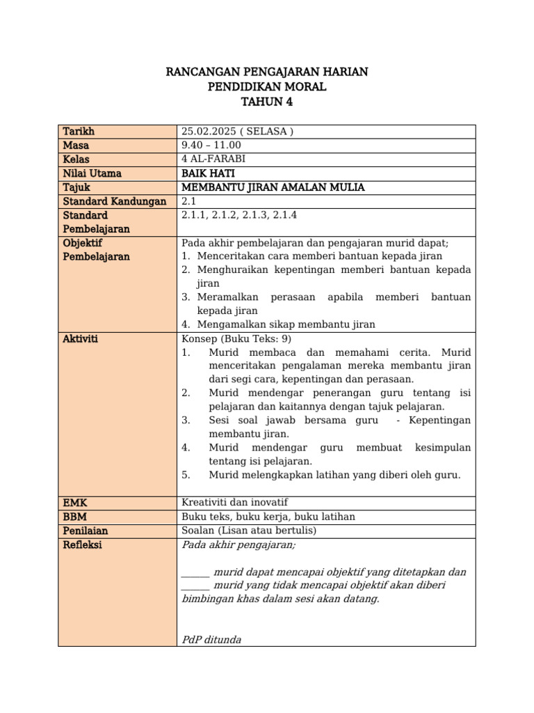 RPH Pendidikan Moral Tahun 4 | PDF